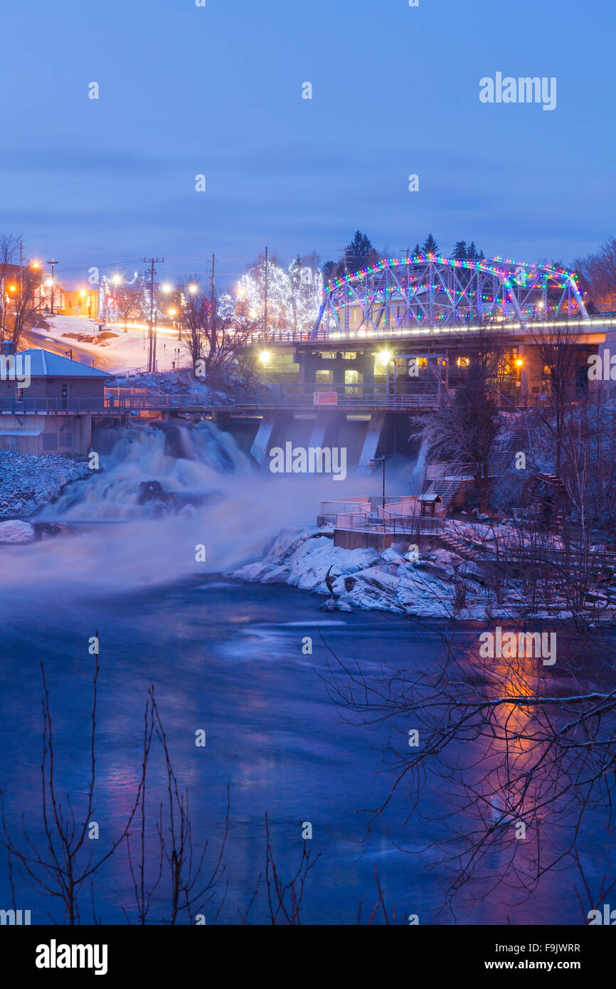 Lower Bracebridge Falls and hydro dam with a fresh snowfall on the Muskoka River. Bracebridge ...
