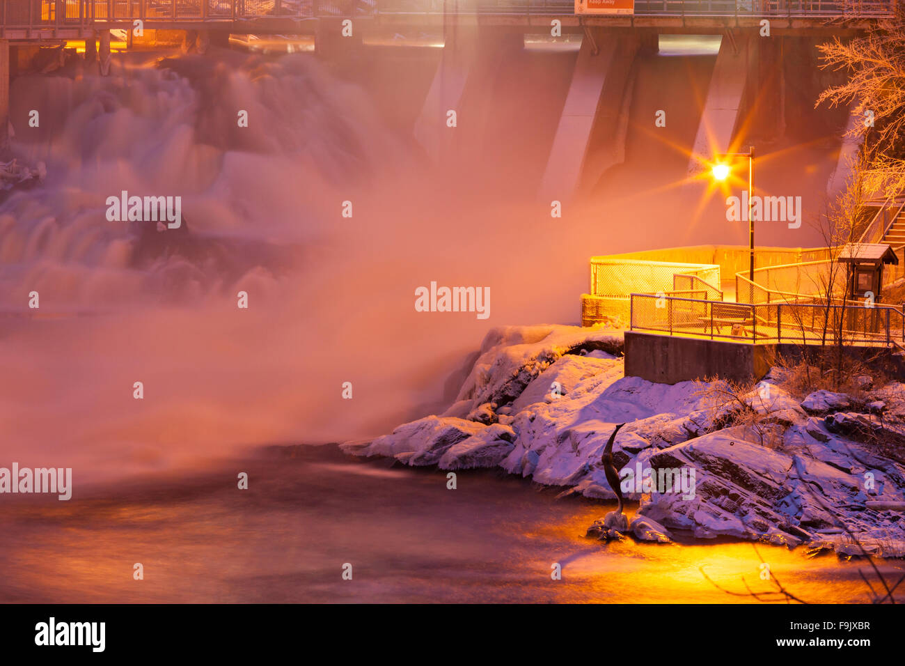 Lower Bracebridge Falls and hydro dam with a fresh snowfall on the Muskoka River. Bracebridge ...
