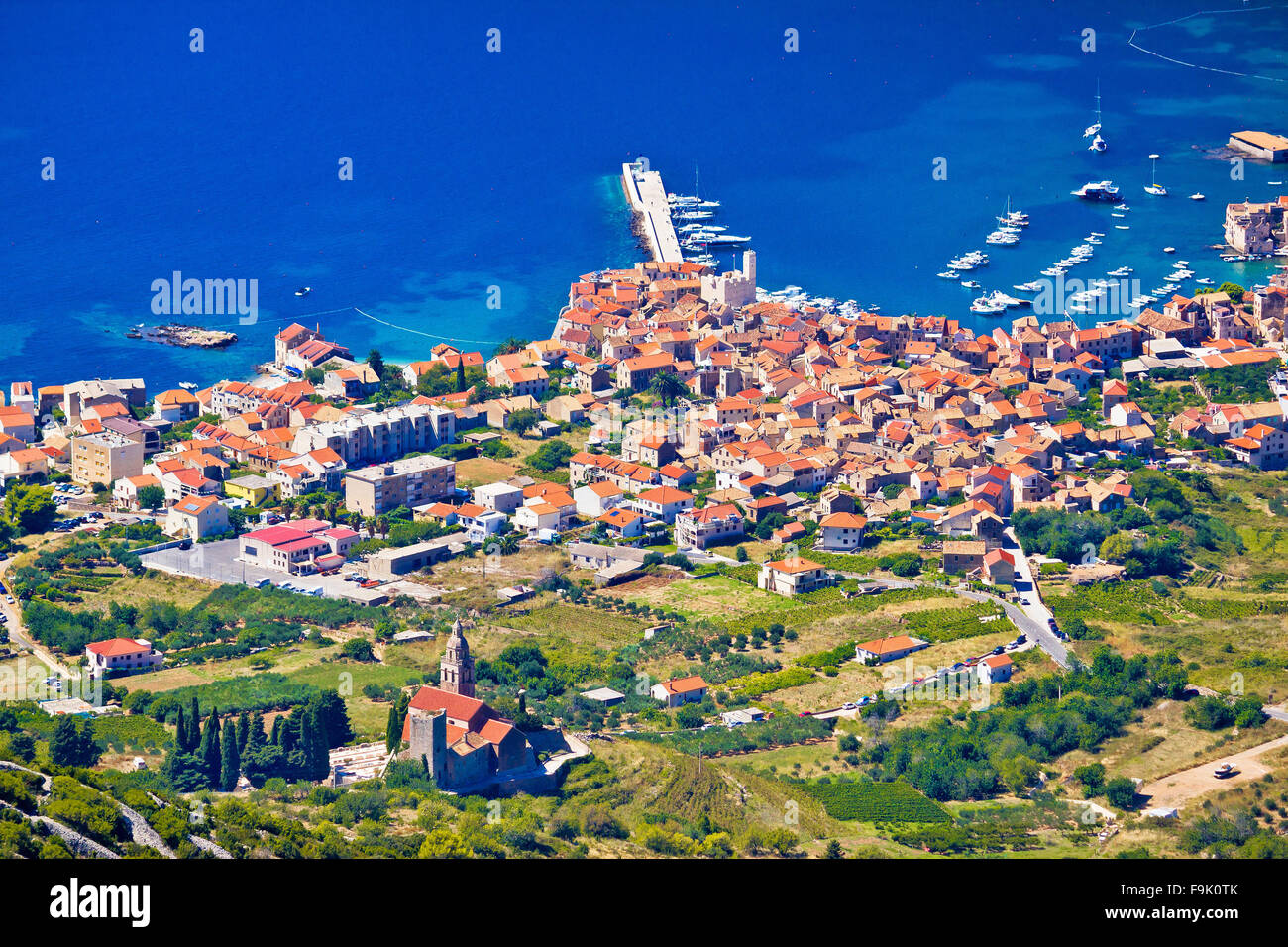 Komiza on Vis island waterfront aerial view, Dalmatia, Croatia Stock ...