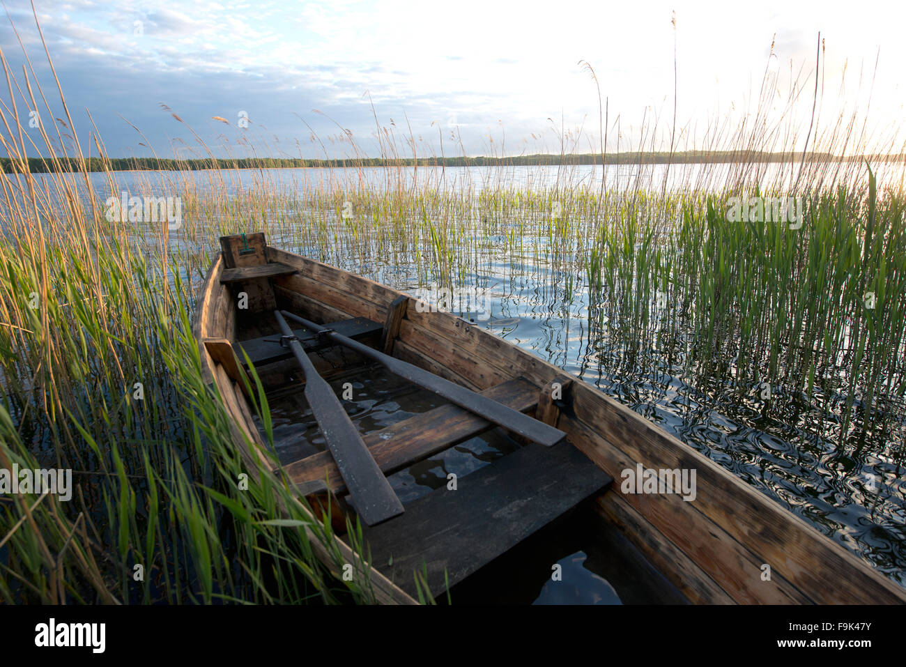 wooden rowboat, drawsko lake (jezioro drawsko), pomeranian lakeland ...