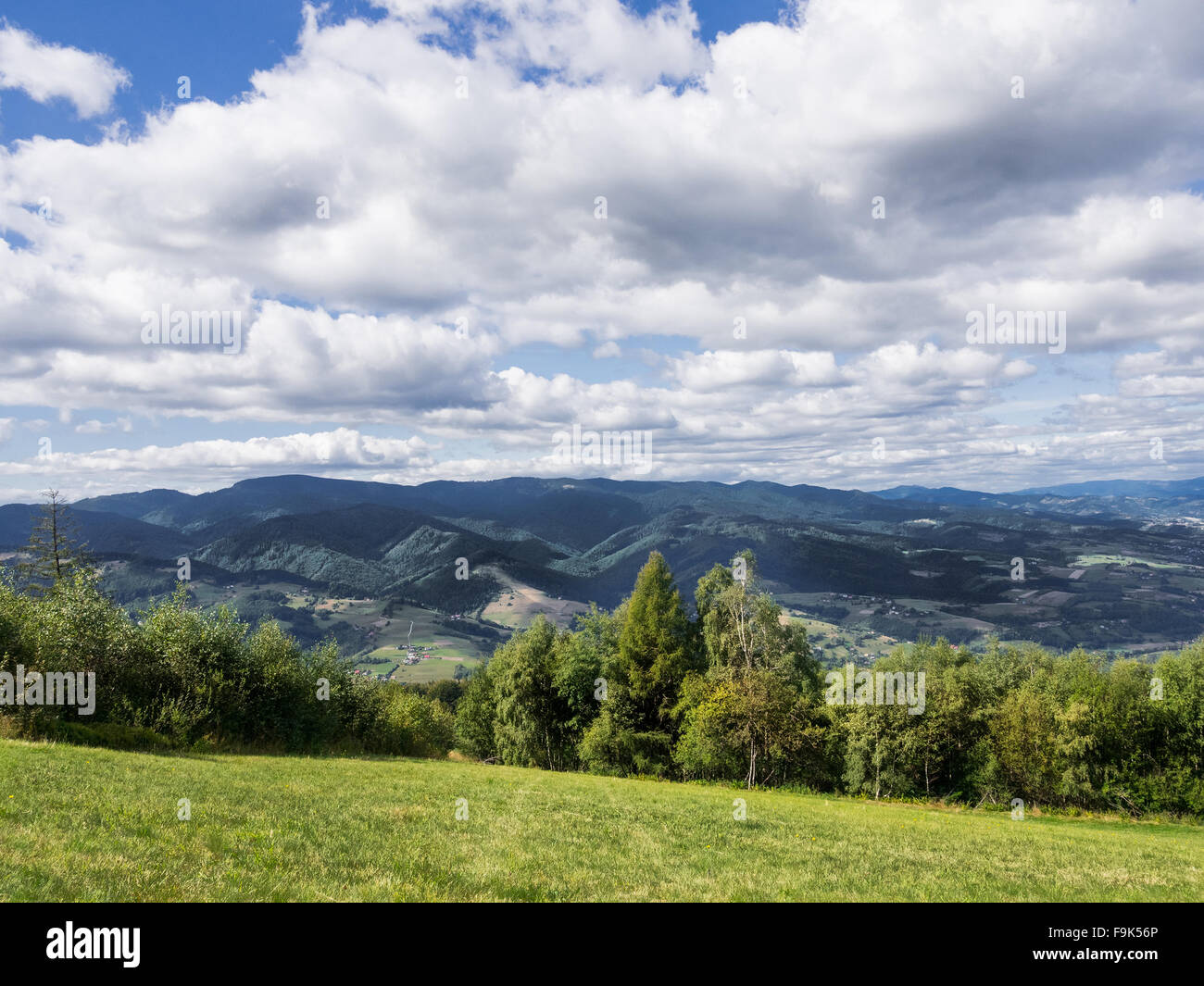 View of village Rytro in autumn from mountain top Makowica. Beskids ...