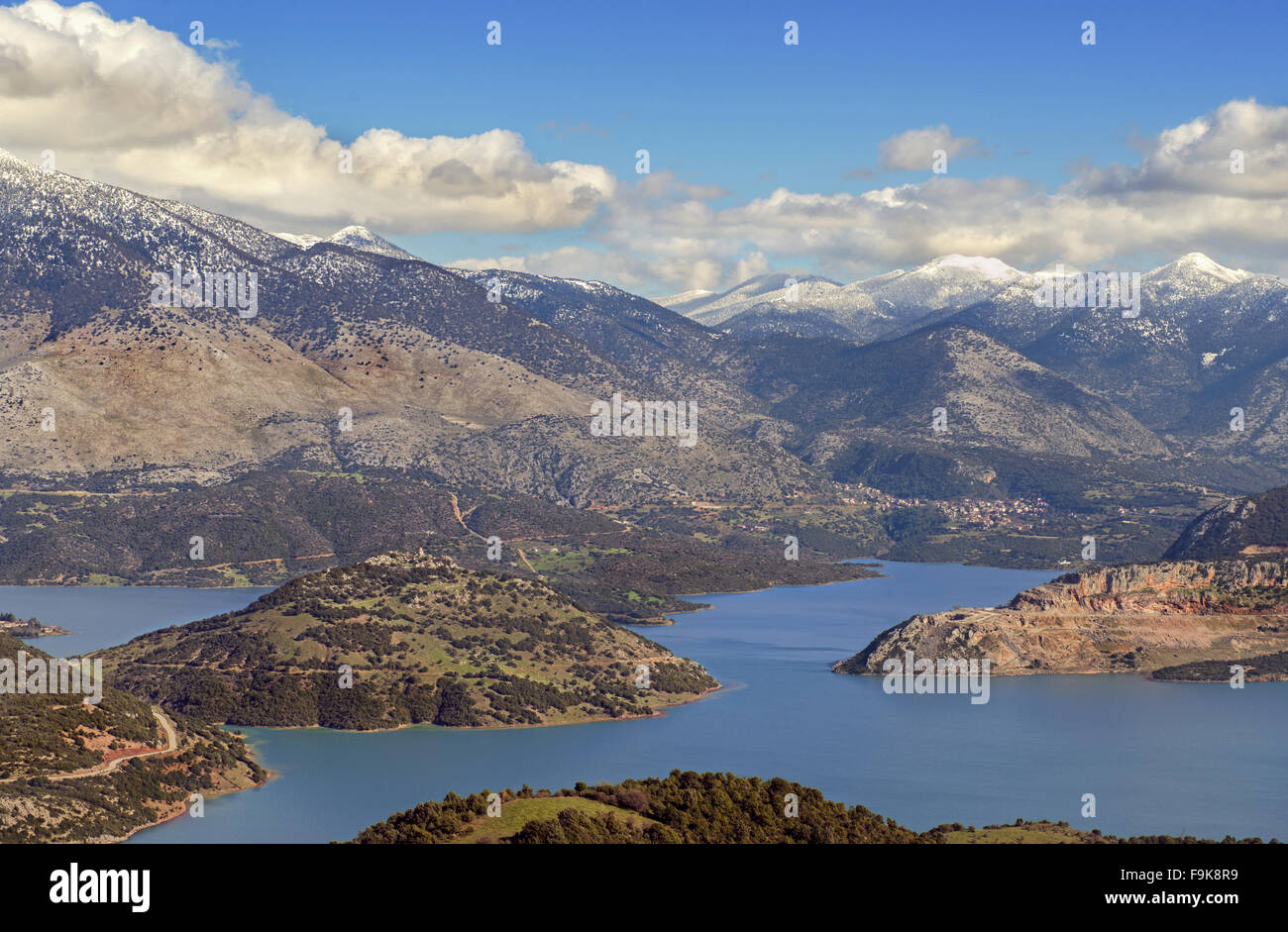 Aerial view to Mornos lake and fjords, also Vardousia and Giona ...