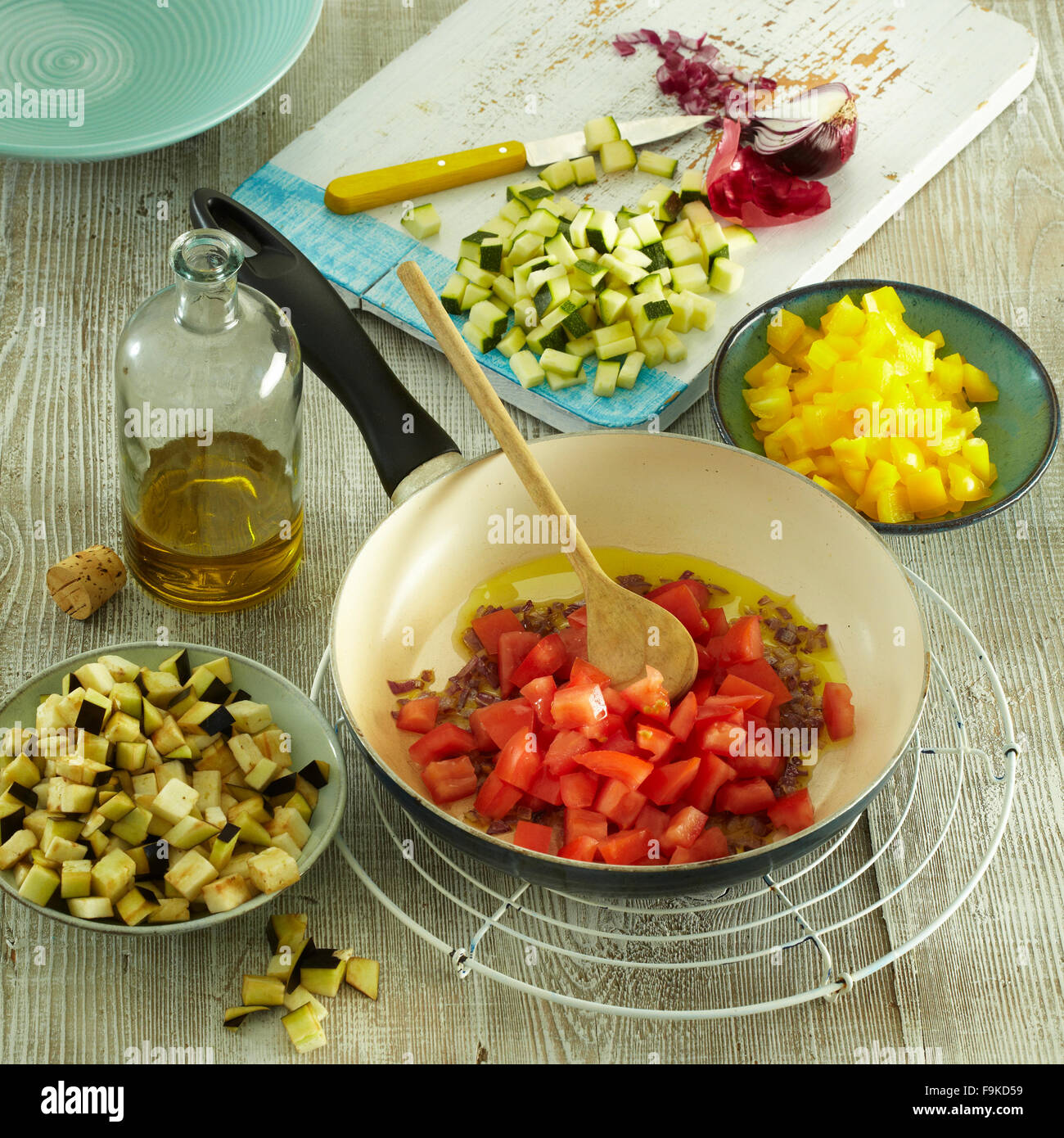 Ratatouille and fish saltimbocca + steps Stock Photo - Alamy