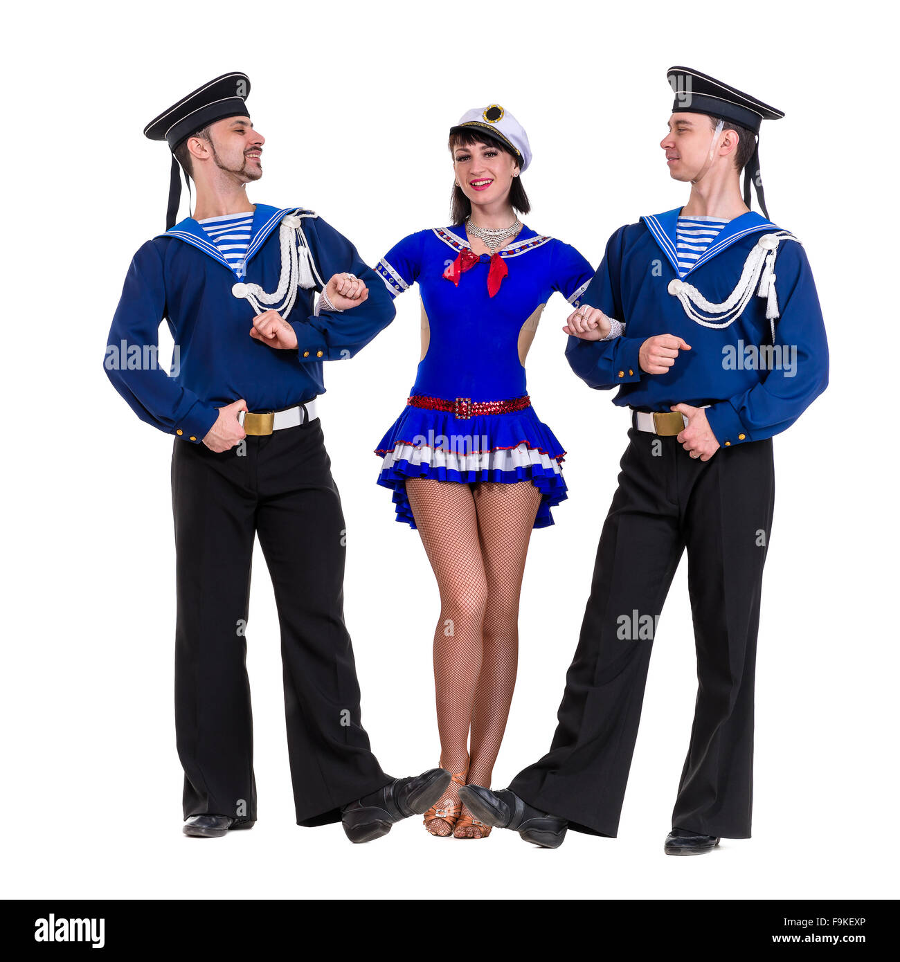 dancer team dressed as a sailors posing. Isolated on white background ...