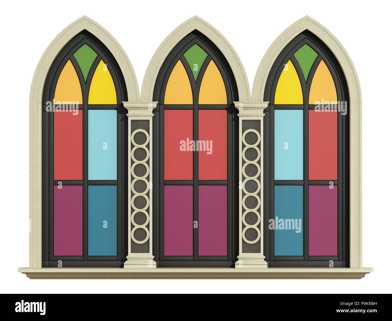 Triple lancet window with stone frame , pilaster and colorful glass ...