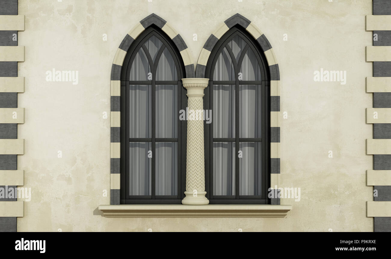 Old facade with mullioned gothic window with stone frame and column- 3D ...