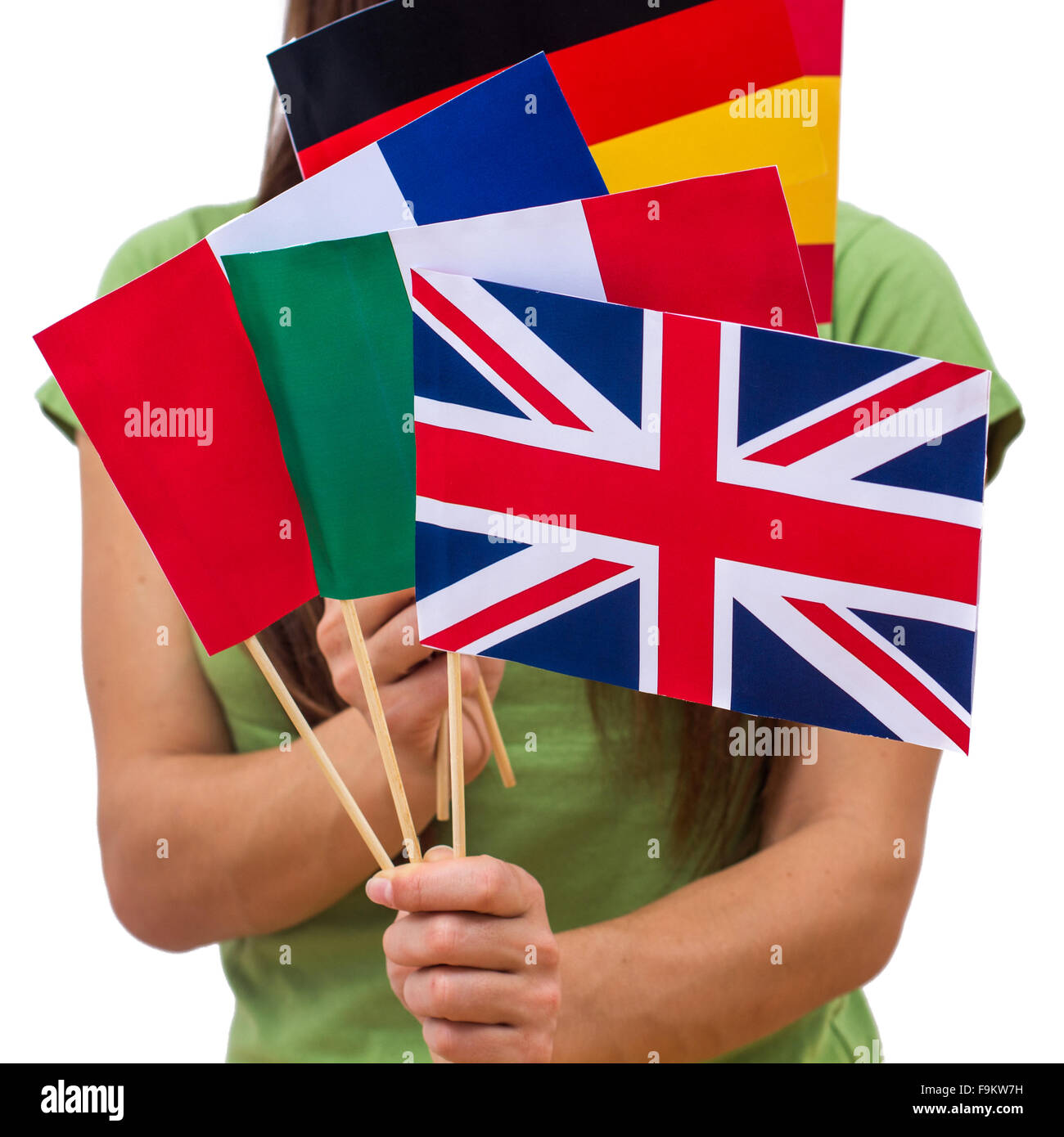 Student female holding international flags. Support or language school ...