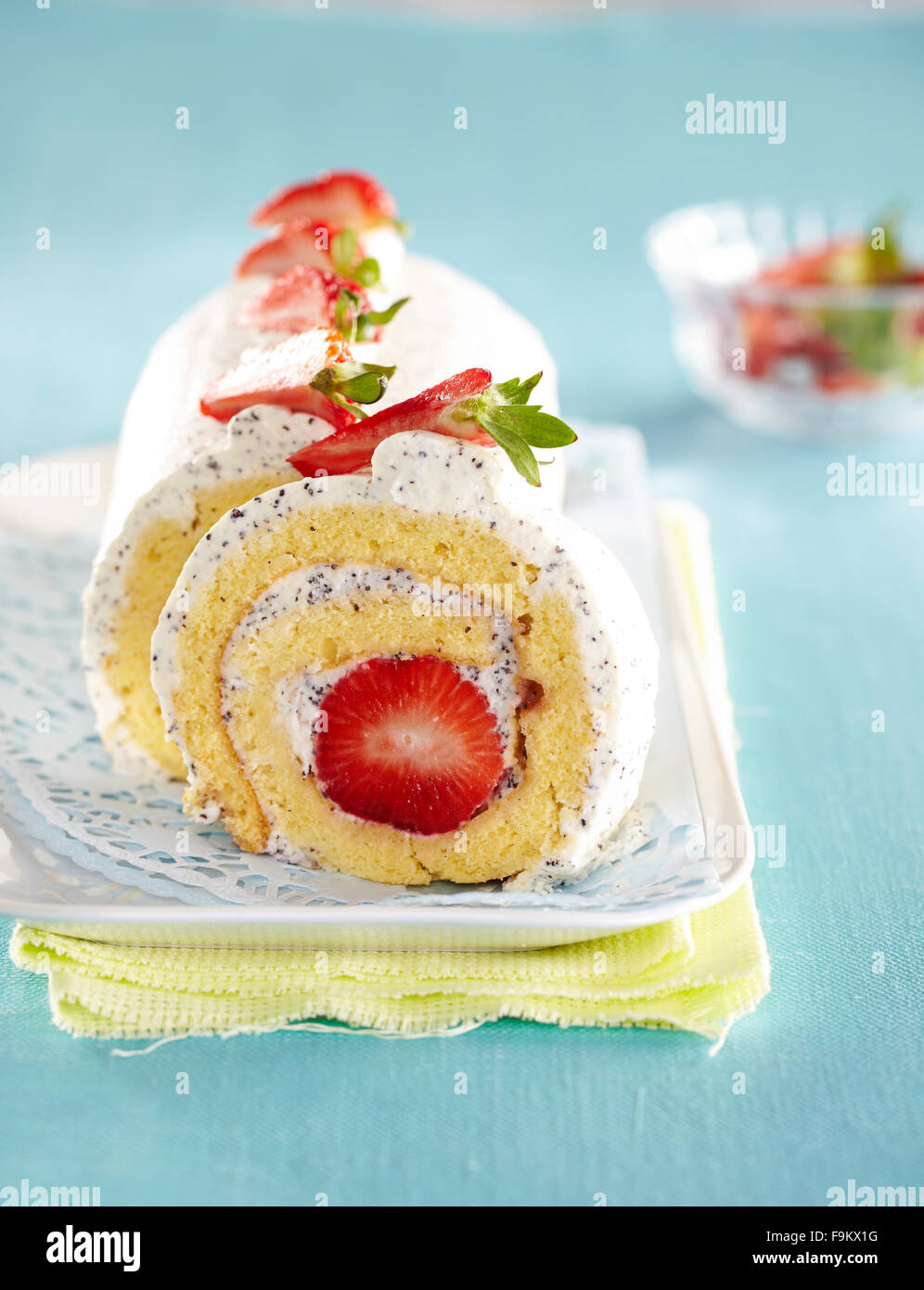 Poppy seed and strawberry roulade Stock Photo - Alamy