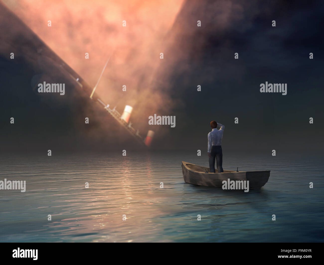 man in boat looking on shipwreck Stock Photo - Alamy