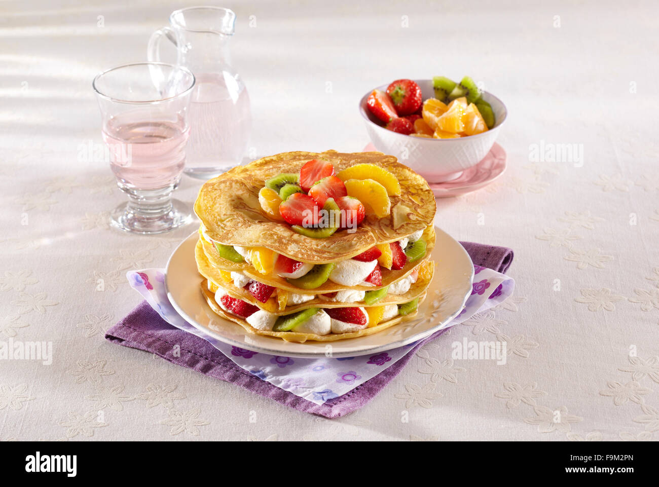 Layered pancakes with fruit + steps Stock Photo - Alamy