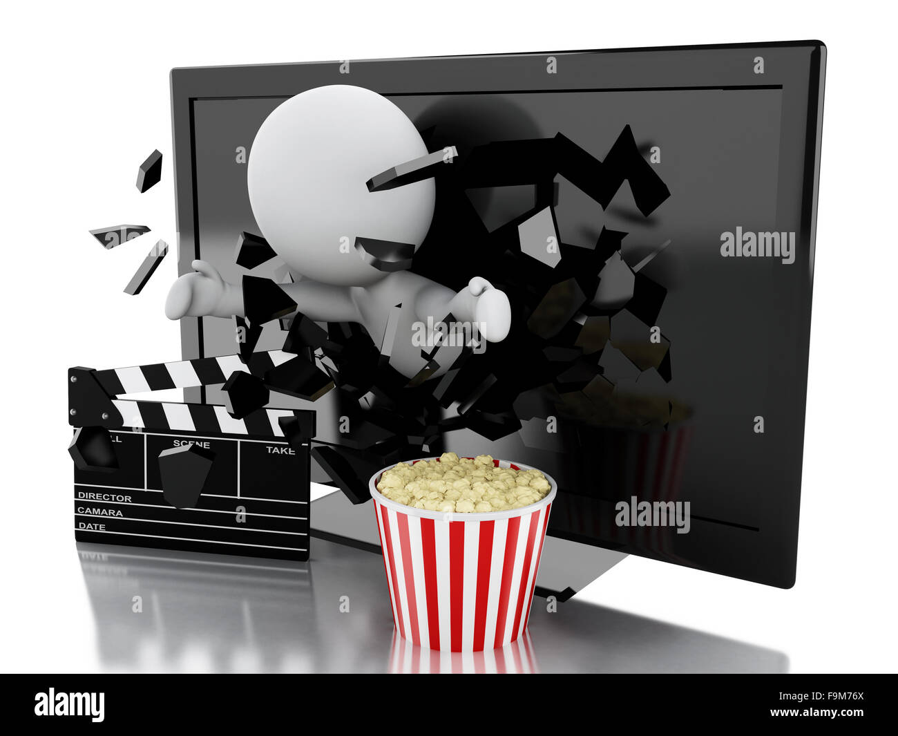 3d illustration. White people coming out of 3d television with popcorn ...