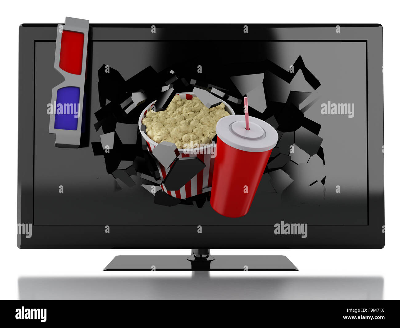 3d renderer illustration. Popcorn and drink, breaking TV screen ...