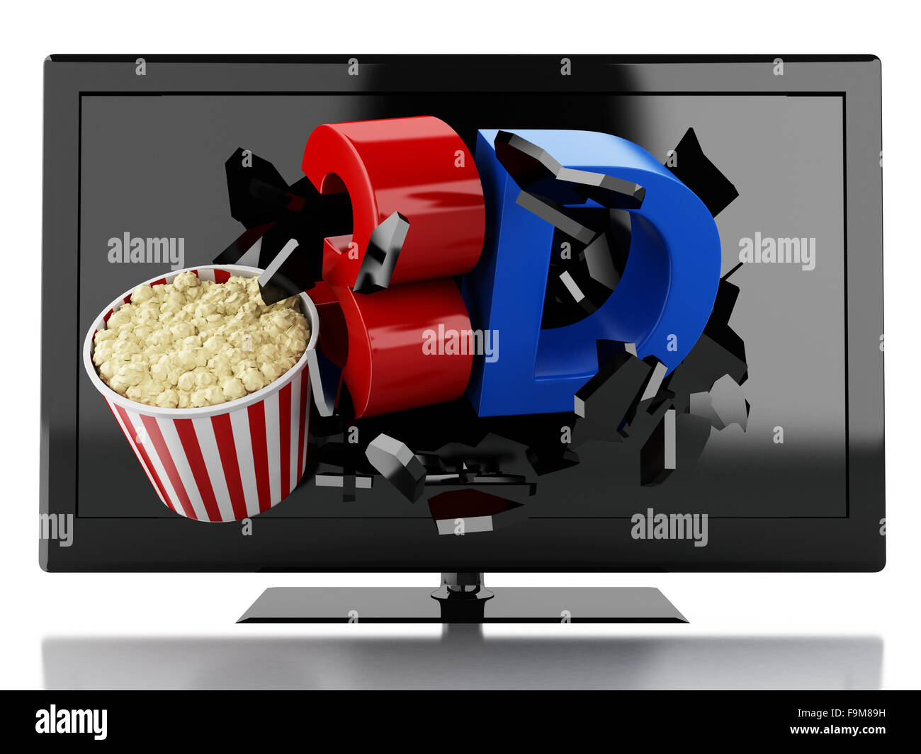 3d renderer illustration. 3D TV led and popcorn. Cinematography concept ...