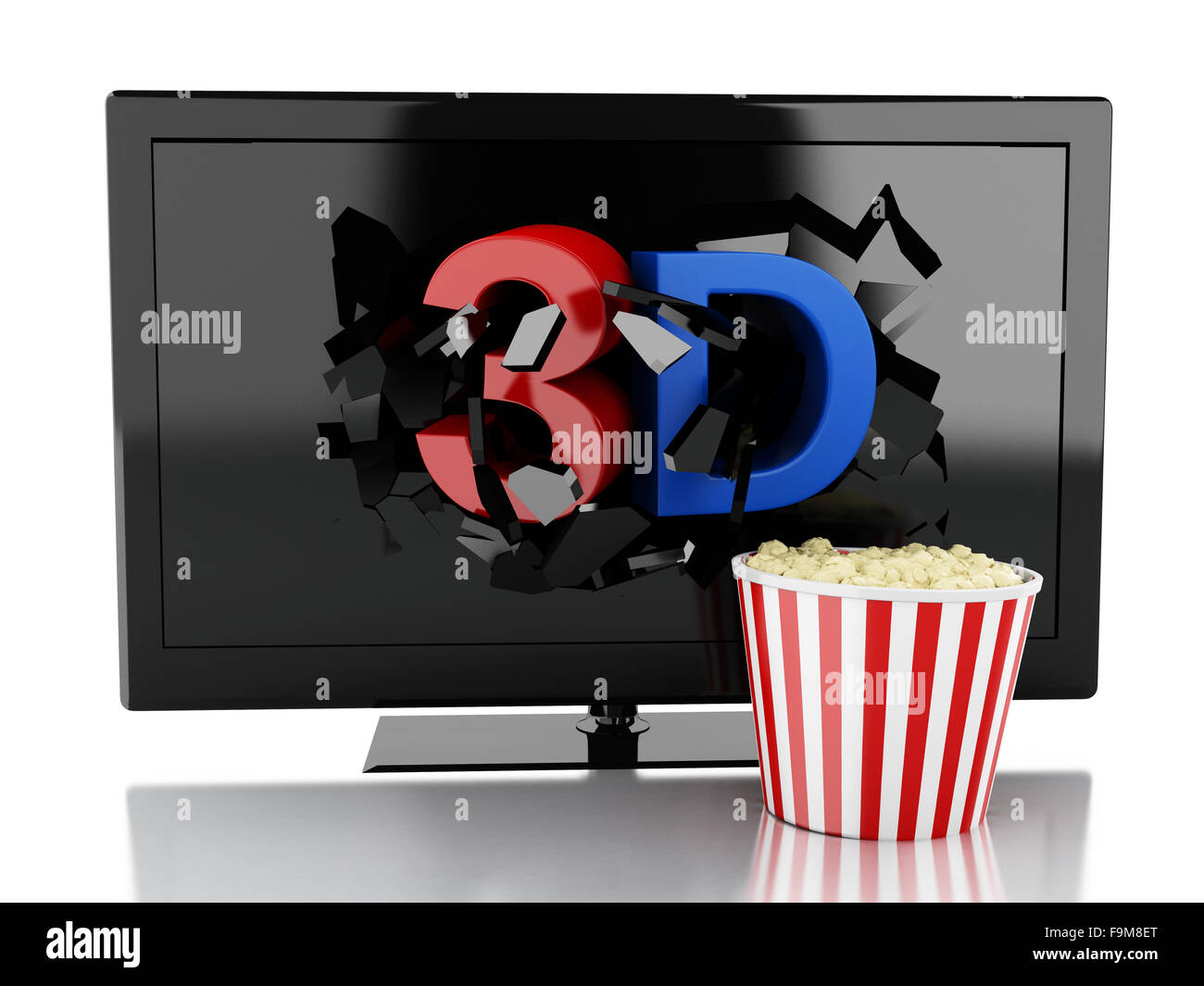 3d renderer illustration. 3D TV led and popcorn. Cinematography concept. Isolated white ...