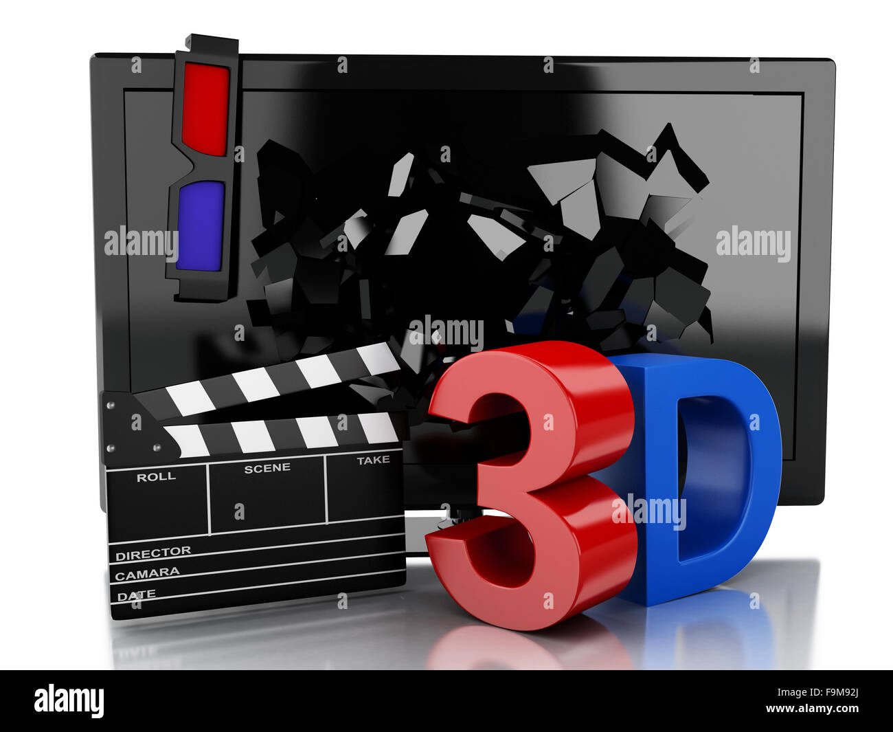 3d renderer illustration. 3D TV led and clapper board. Cinematography concept. Isolated white ...