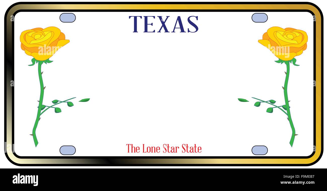 Texas License Plate in red white and blue with yellow rose motif over a ...