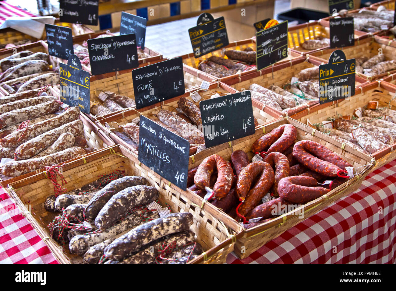 Sausage display in the local market of Le Touquet, France Stock Photo ...