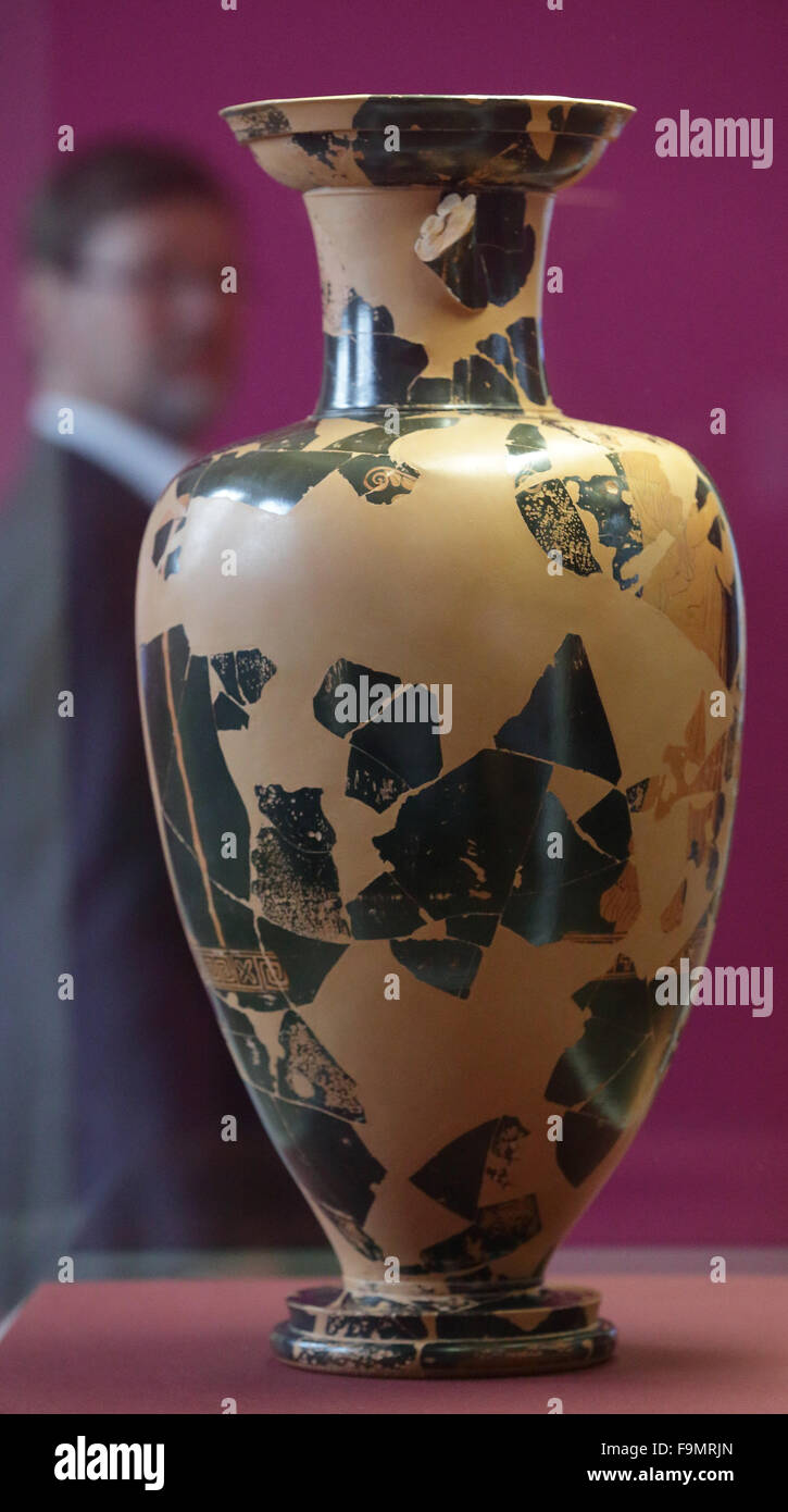 The restored red-figured rope-handled amphora is presented during a ...