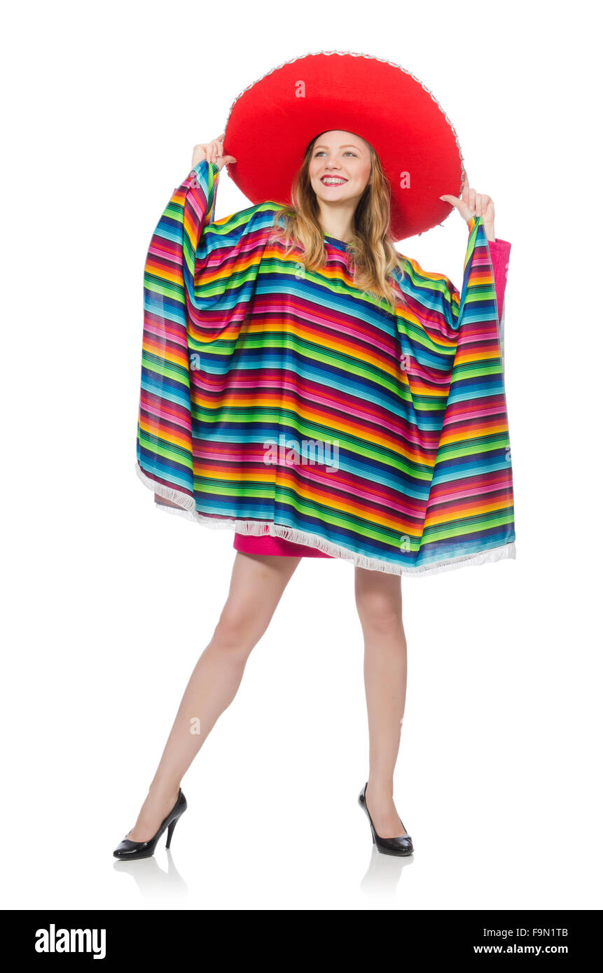 Pretty girl in mexican poncho isolated on white Stock Photo - Alamy
