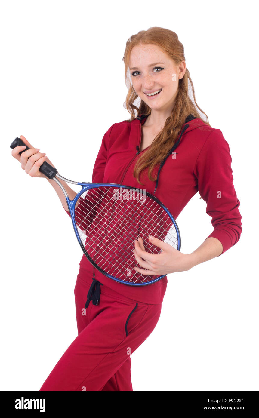 Pretty female tennis player isolated on white Stock Photo - Alamy