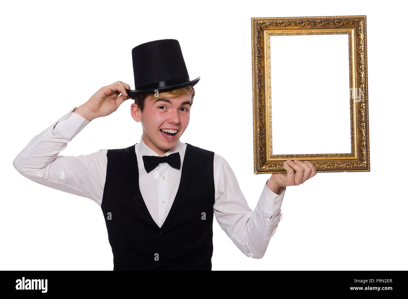Guy with photo frame isolated on white Stock Photo - Alamy