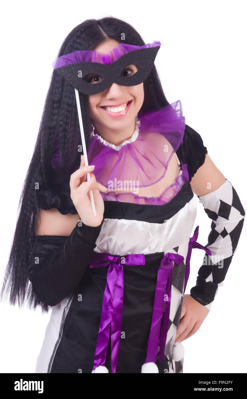 Pretty girl in jester costume isolated on white Stock Photo - Alamy