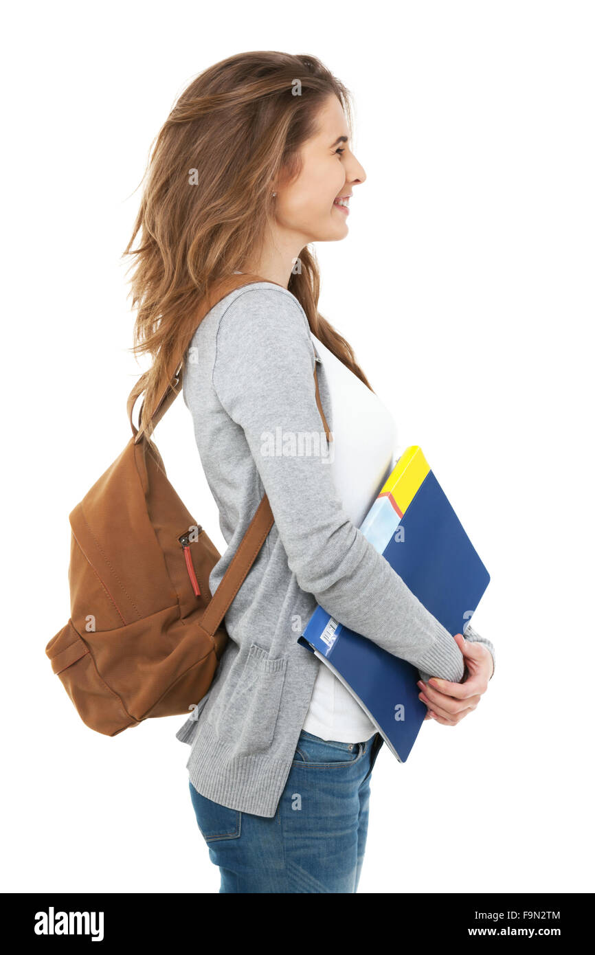 Profile of happy female student isolated on white background Stock ...