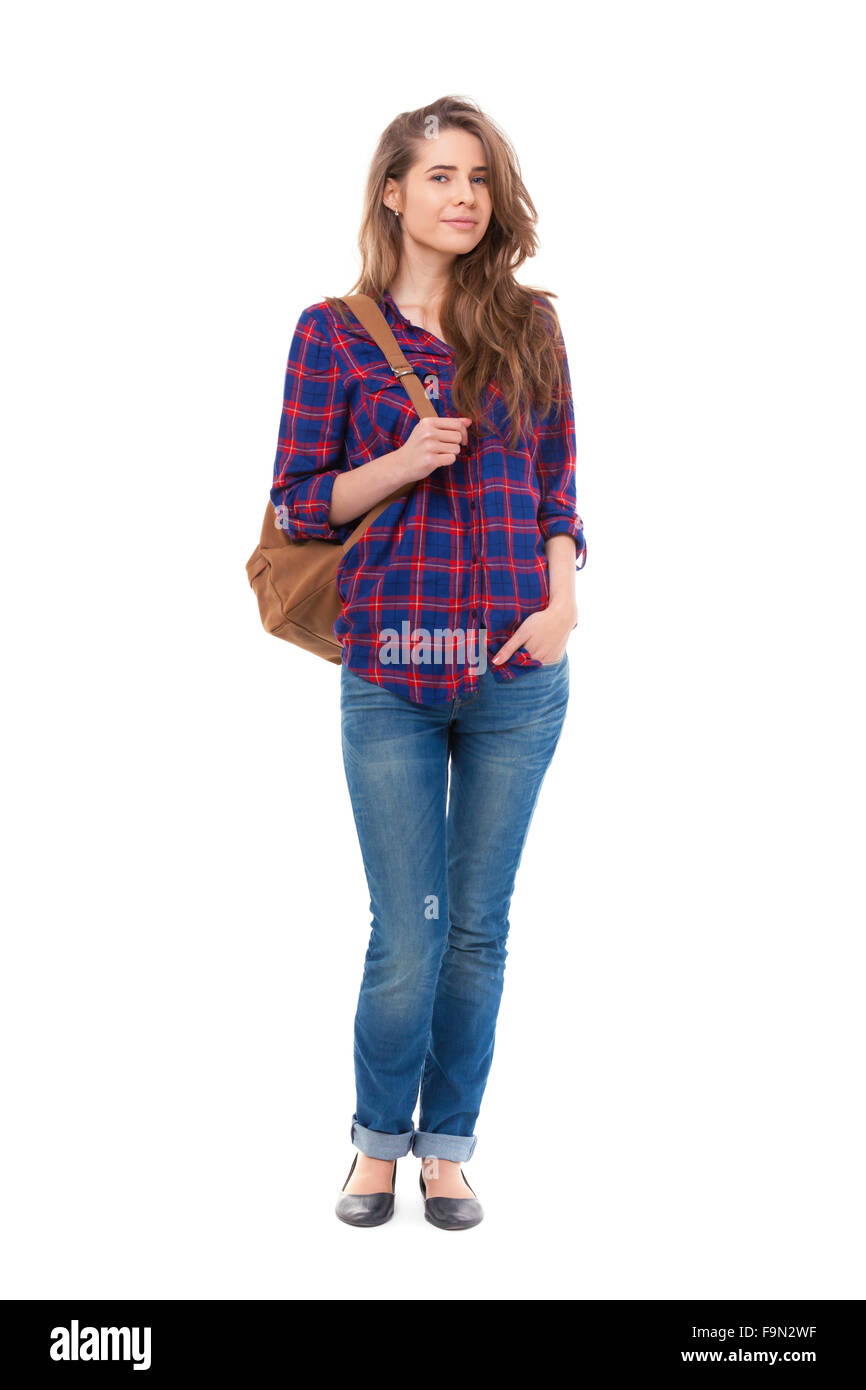 Young beautiful happy student posing on white background Stock Photo ...