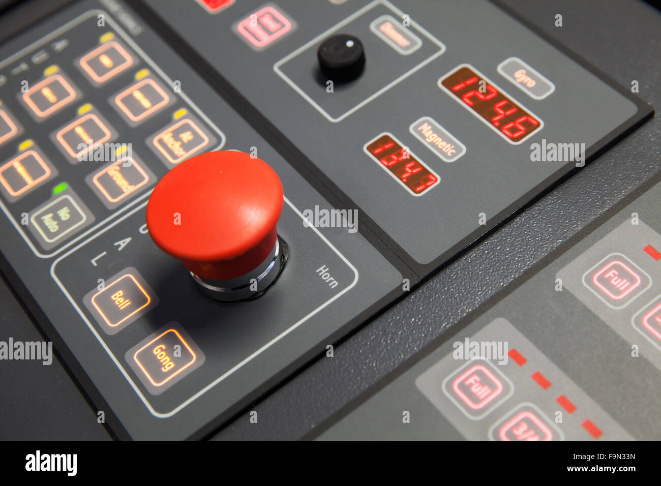Fragment of modern ship control panel on the captain bridge. Selective ...