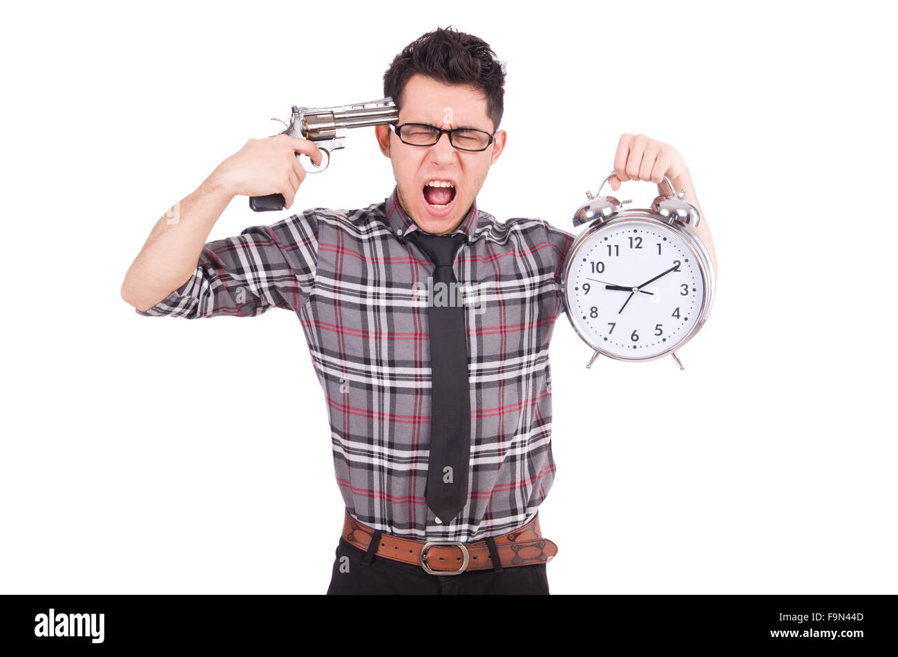Employee holding alarm clock isolated on white Stock Photo - Alamy