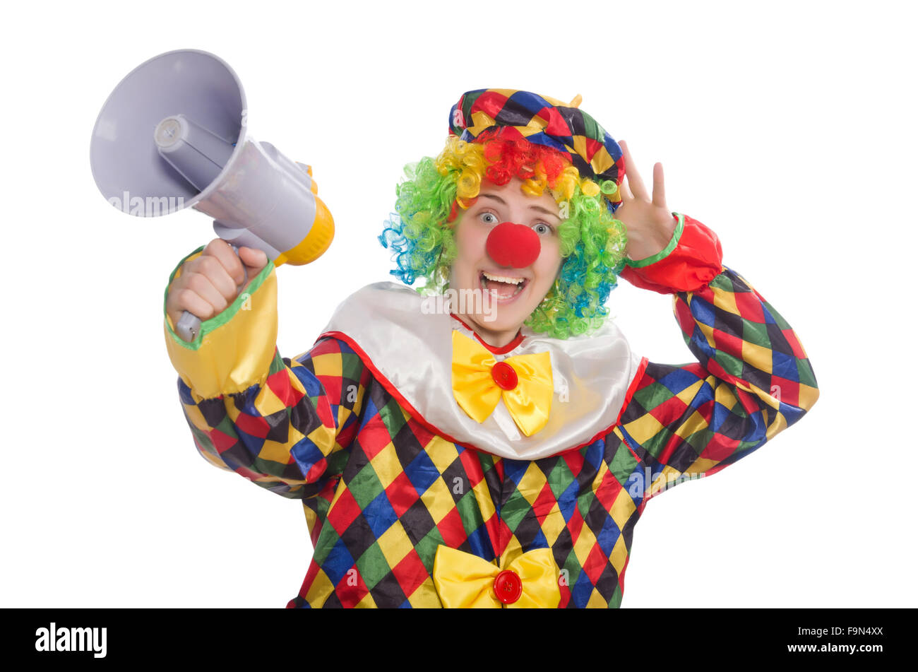 Clown with loudspeaker isolated on white Stock Photo - Alamy