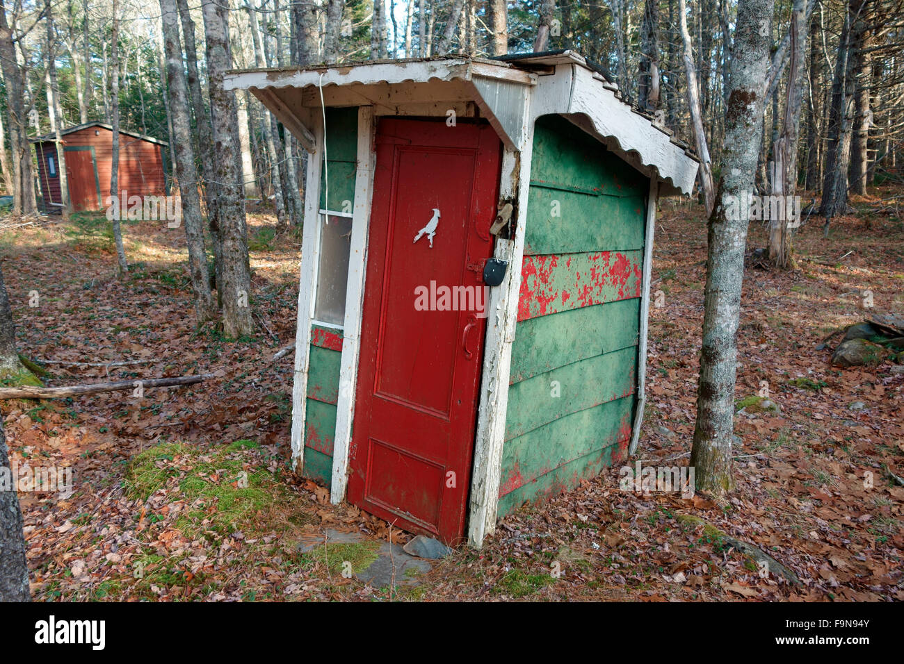 An outhouse, outdoor toilet, out building or pit latrine in the forest ...