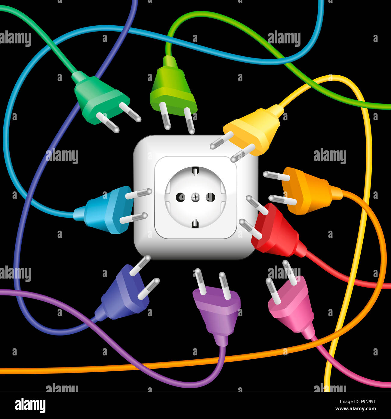 Cable clutter - many colored plugs try to put in an outlet ...