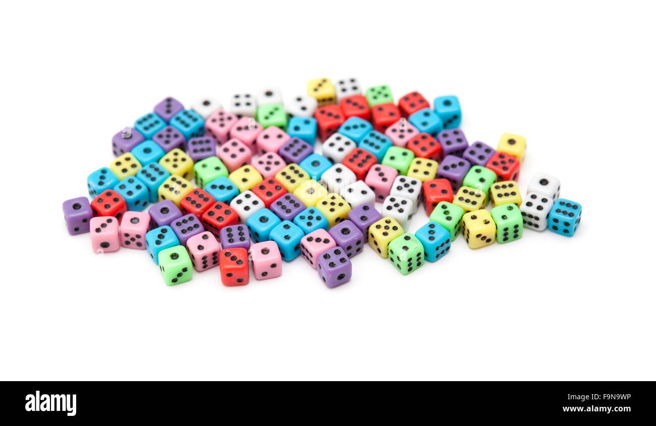 many small colorful plastic dice isolated on white background Stock ...