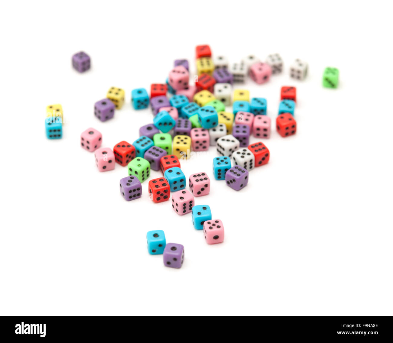 many small colorful plastic dice isolated on white background Stock ...