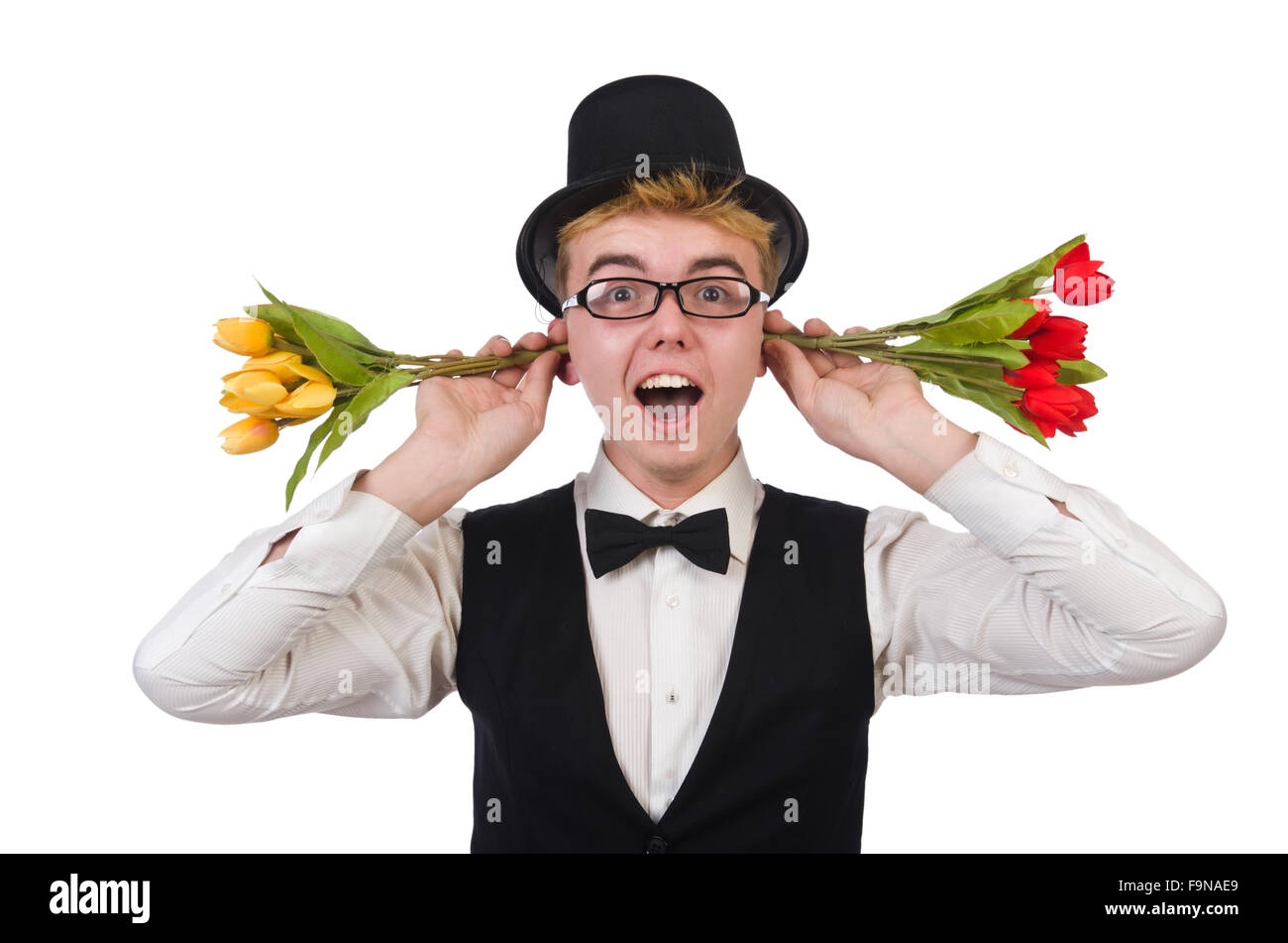 Smiling gentleman with flowers isolated on white Stock Photo - Alamy