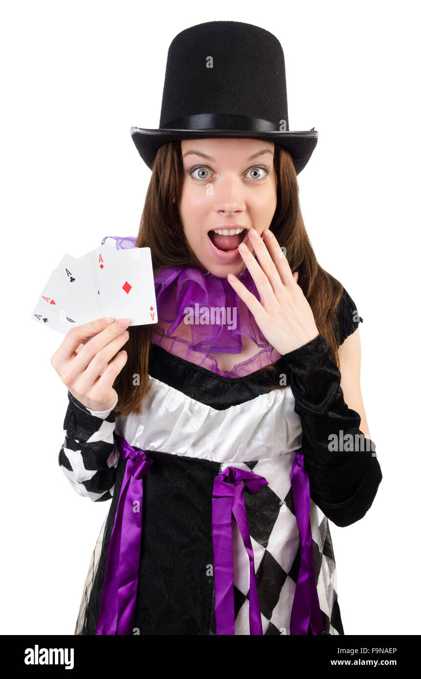 Pretty girl in jester costume with cards isolated on white Stock Photo ...