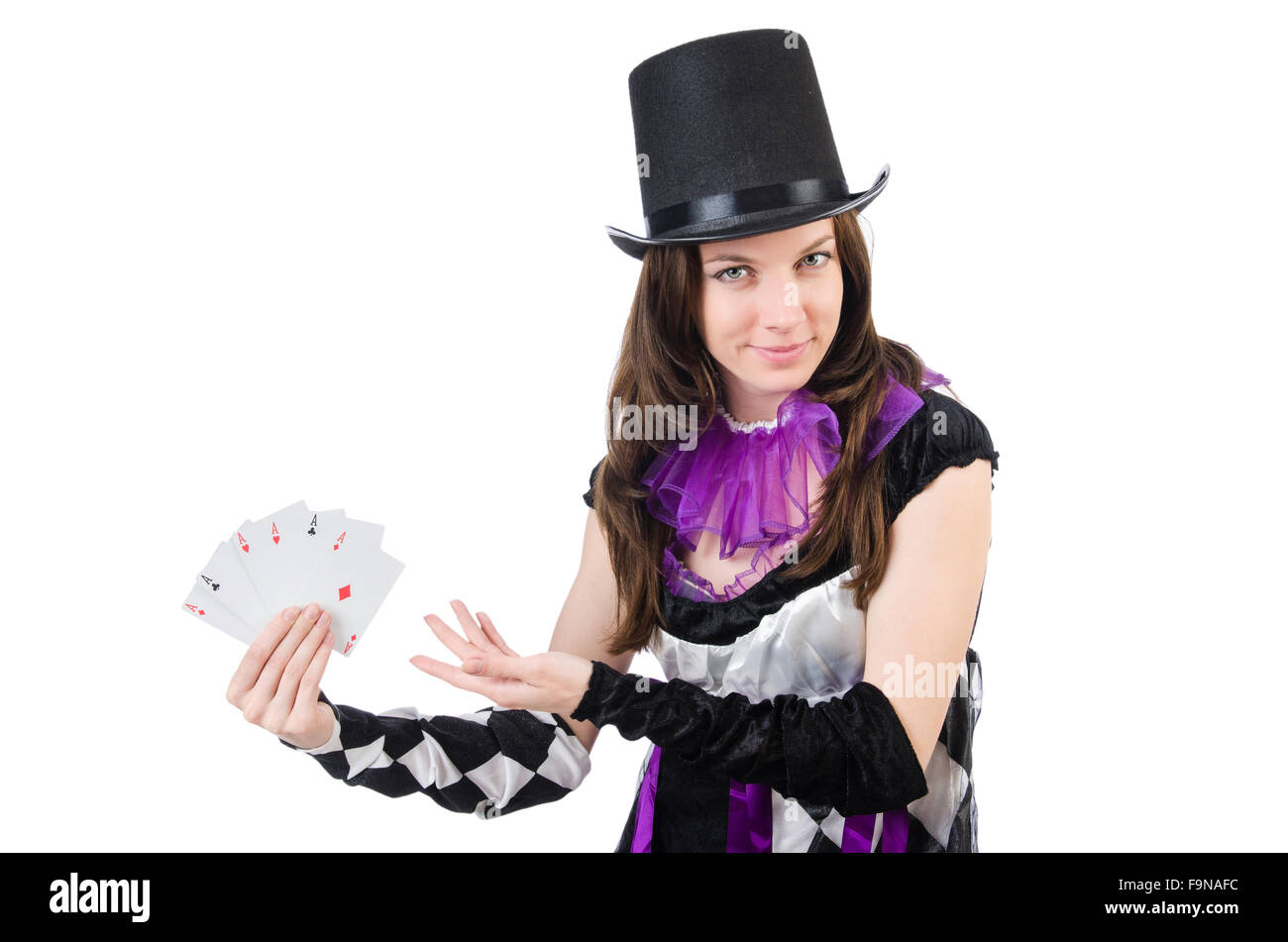 Pretty girl in jester costume with cards isolated on white Stock Photo ...