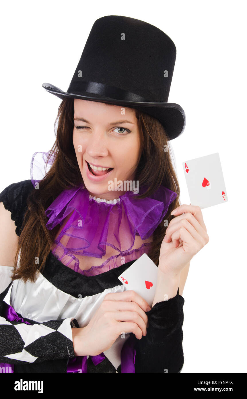 Pretty girl in jester costume with cards isolated on white Stock Photo ...