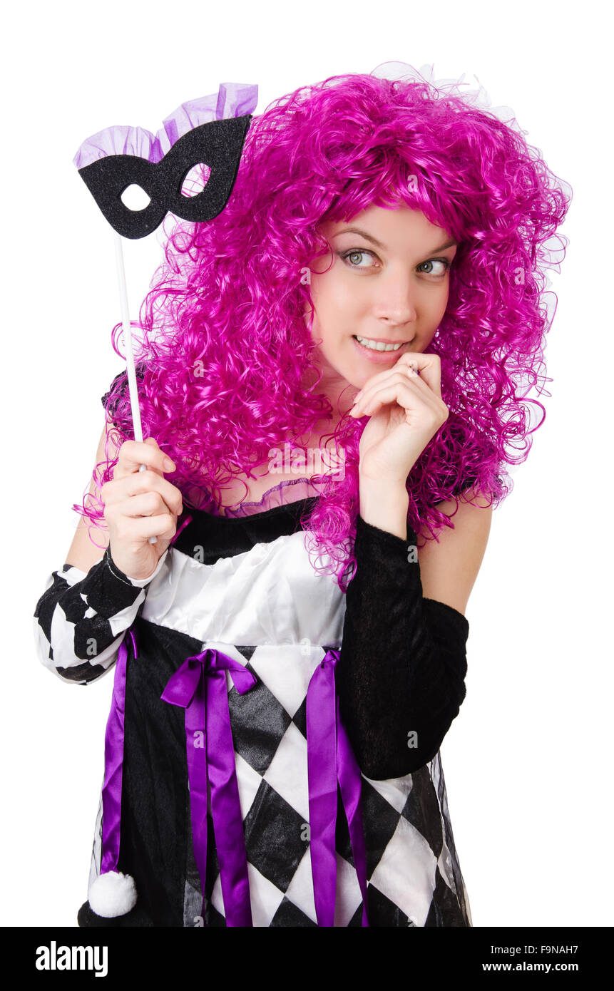 Pretty girl in jester costume isolated on white Stock Photo - Alamy