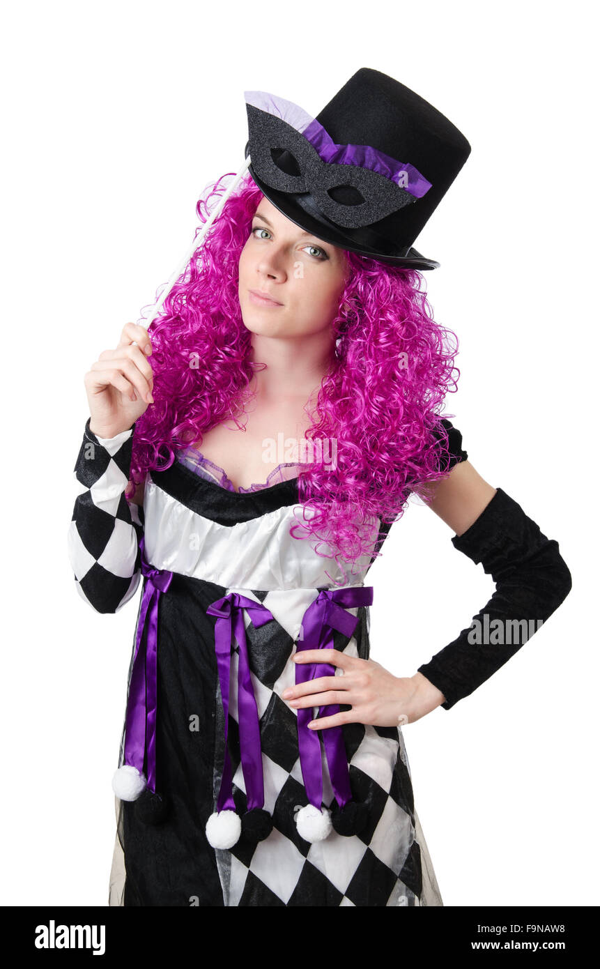 Pretty girl in jester costume isolated on white Stock Photo - Alamy
