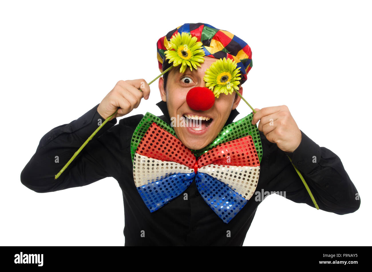 Clown with flower isolated on white Stock Photo - Alamy