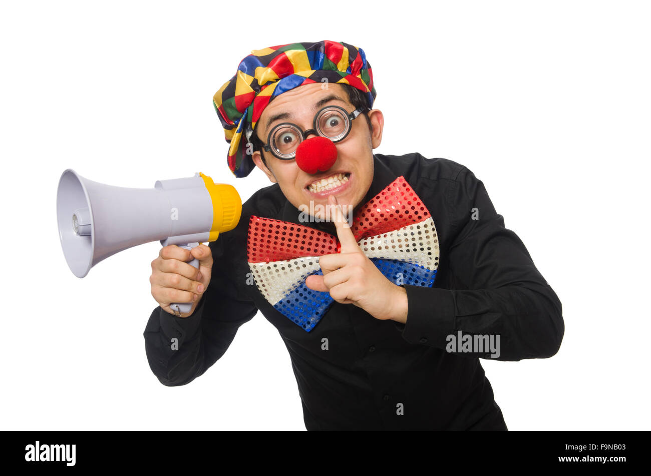 Clown with loudspeaker isolated on white Stock Photo - Alamy
