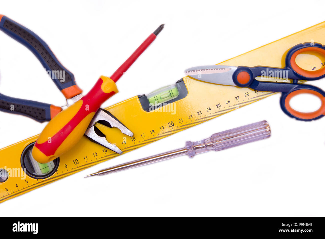 Working tools scattered on a white background seen from above Stock ...