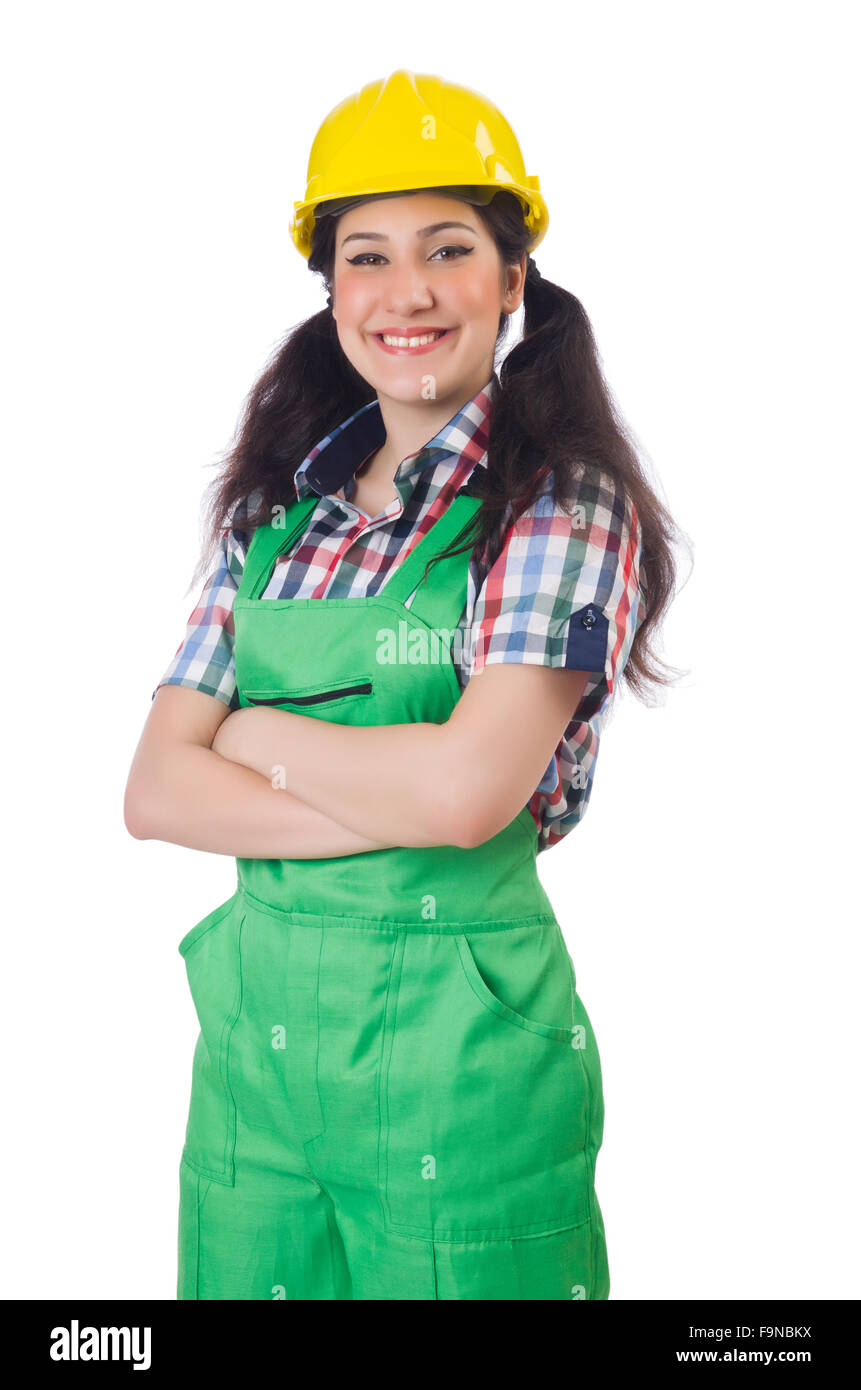Female workman in green overalls isolated on white Stock Photo - Alamy