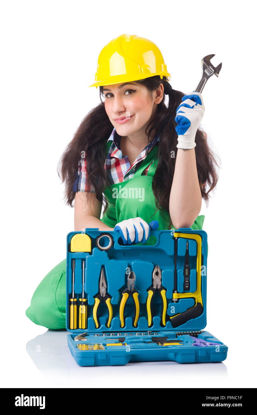 Female workman in green overalls isolated on white Stock Photo - Alamy