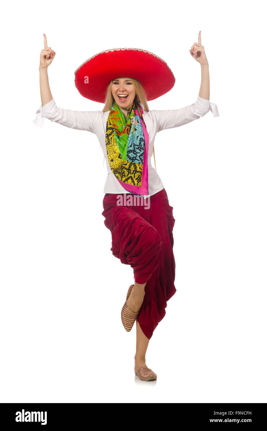 Mexican girl with sombrero dancing on white Stock Photo - Alamy