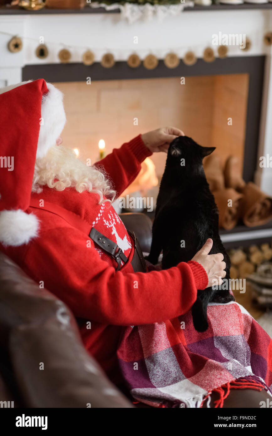 Santa Claus Warming Feeding his Cat at Home Stock Photo - Alamy