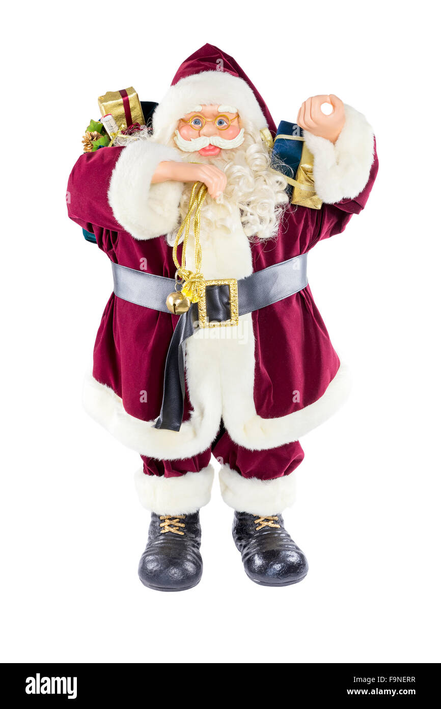 Portrait of a senior Santa Claus standing with gift box isolated over ...