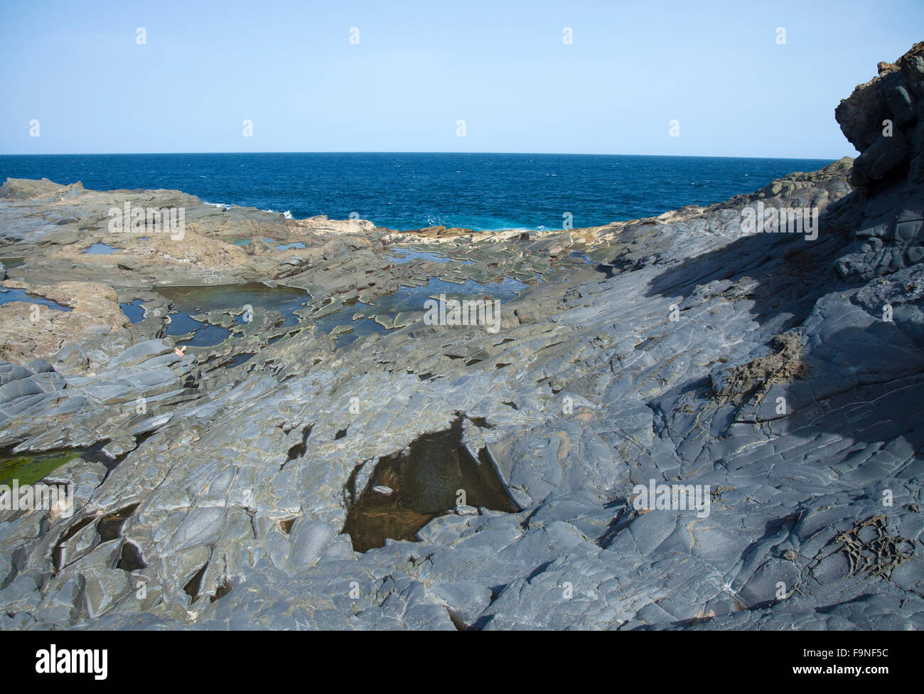 Gran Canaria, Banaderos area, calm rock pools, ocean at low tide Stock ...